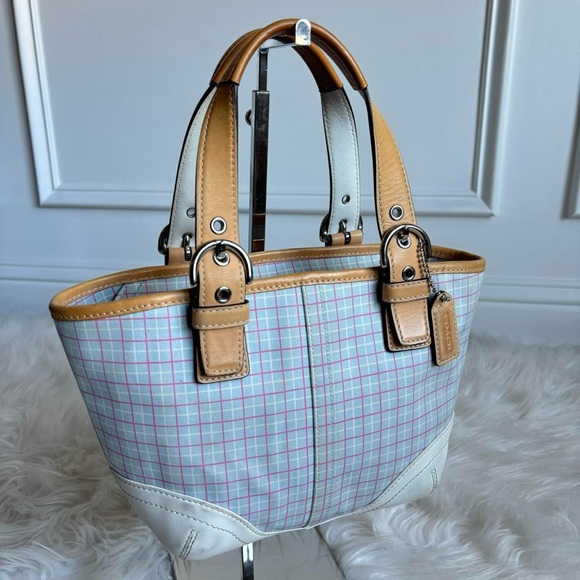 Coach | Bags | Coach Plaid Tattersall Blue Mini Tote Bag With Leather Handles | Poshmark